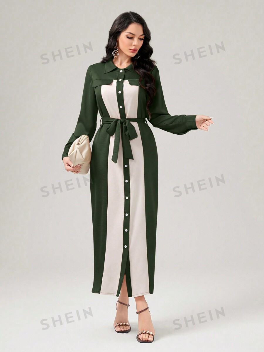 SHEIN Mulvari Women's Color Block Belted Arabic Style Dress | SHEIN USA