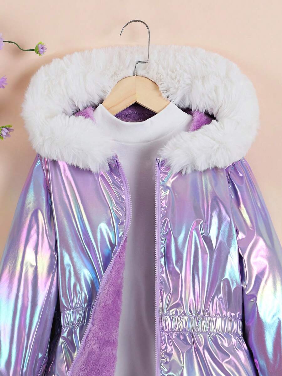 SHEIN Cooltwn Kids Young Girl Fuzzy Trim Hooded Metallic Coat Without ...