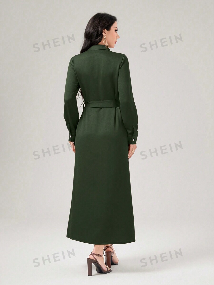 SHEIN Mulvari Women's Color Block Belted Arabic Style Dress | SHEIN USA