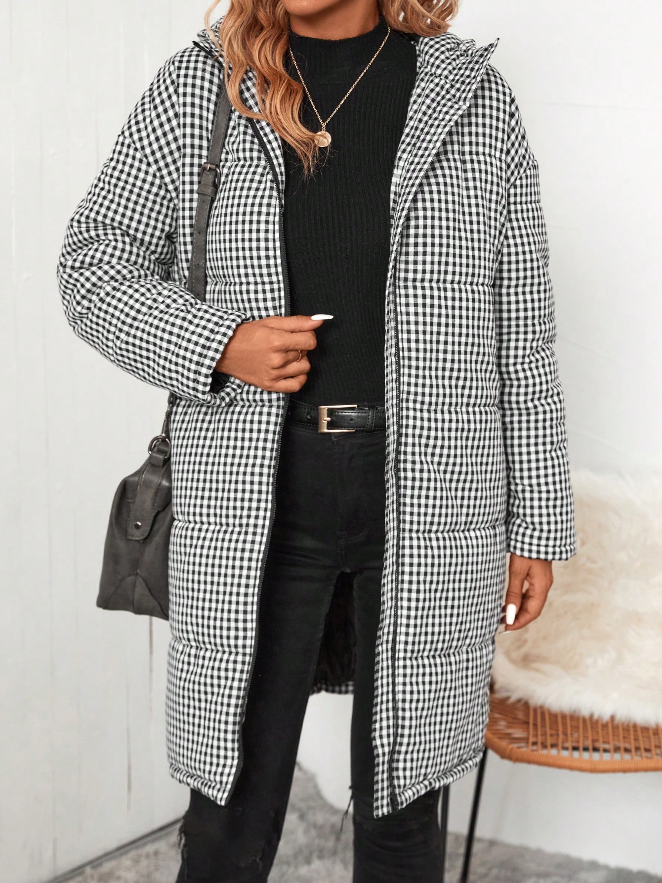 SHEIN LUNE Buffalo Plaid Drop Shoulder Hooded Puffer Coat | SHEIN UK