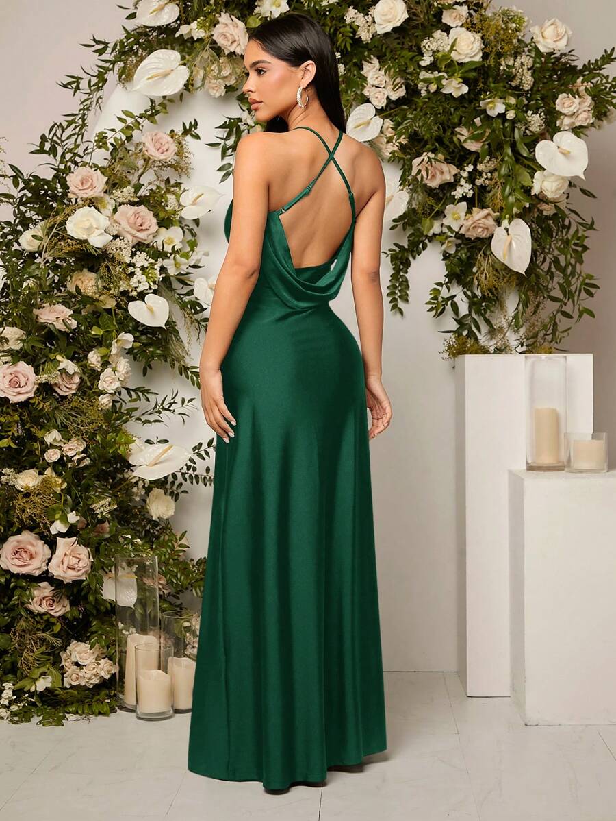 SHEIN Belle Draped Crisscross Backless Satin Bridesmaid Dress Elegant ...