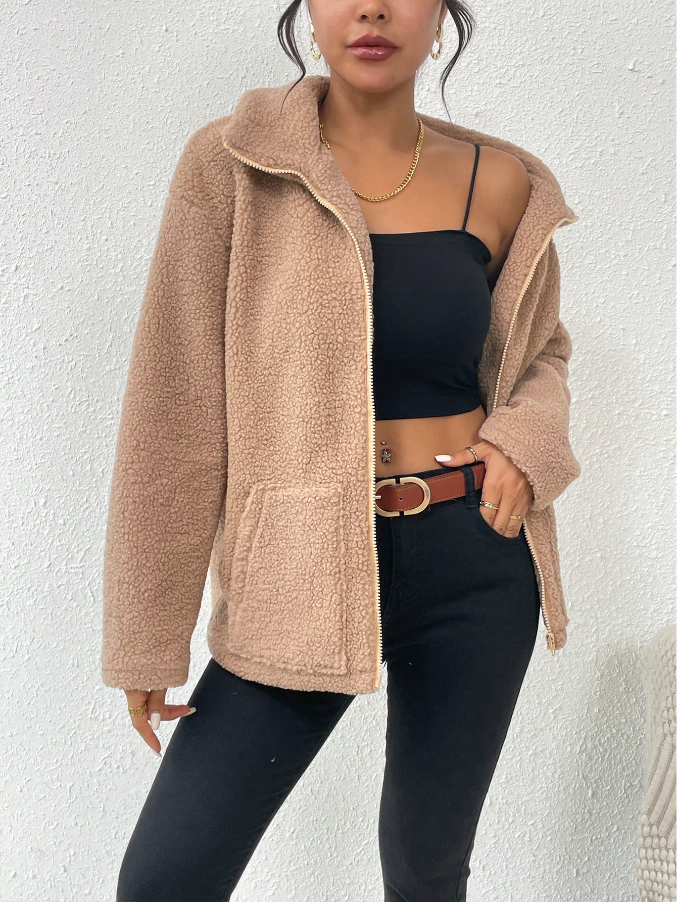 SHEIN Essnce Zip Up Drop Shoulder Teddy Coat | SHEIN USA