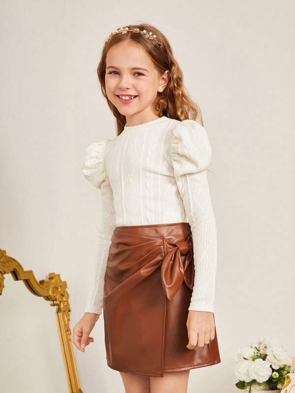 SHEIN Kids HYPEME Tween Girl Gigot Sleeve Tee & Knot Side PU Leather Skirt | SHEIN USA