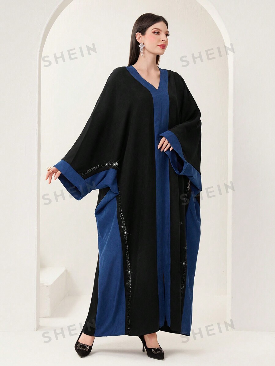 SHEIN Najma Two-tone Batwing Sleeve Arabic Maxi Dress | SHEIN USA