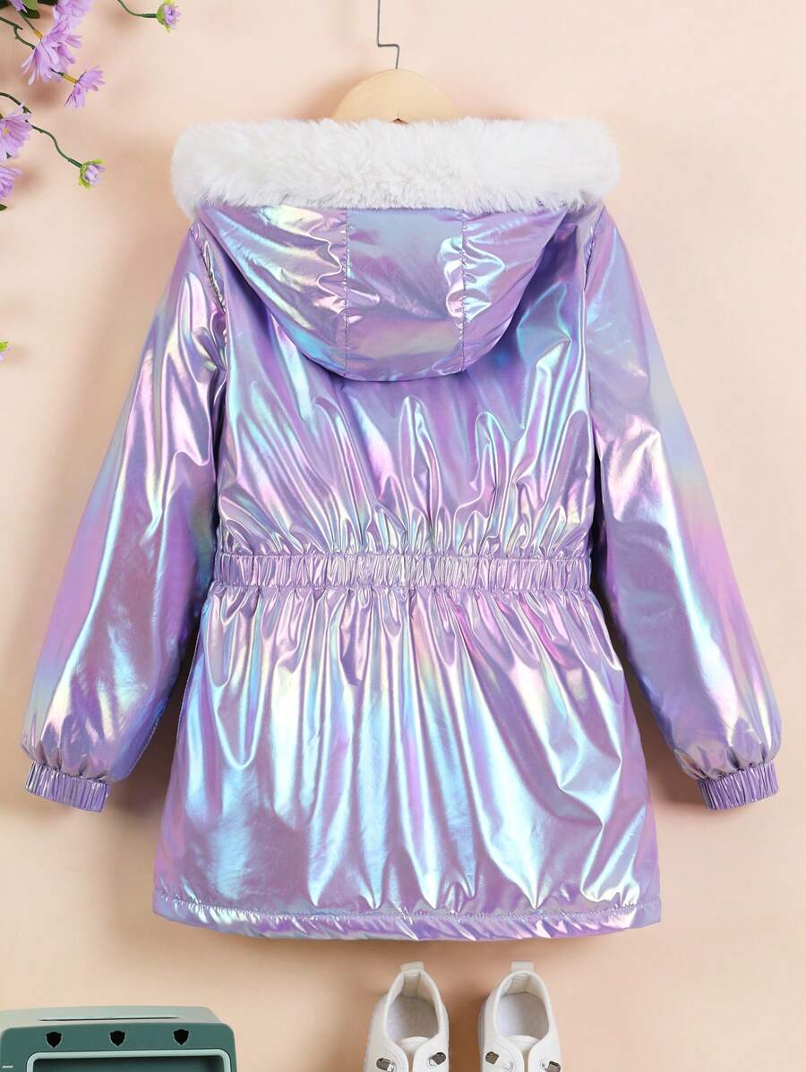 SHEIN Cooltwn Kids Young Girl Fuzzy Trim Hooded Metallic Coat Without ...