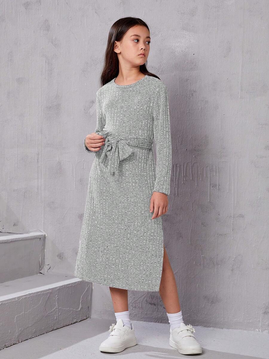 SHEIN Kids Nujoom Tween Girl Split Thigh Belted Ribbed Knit Dress ...