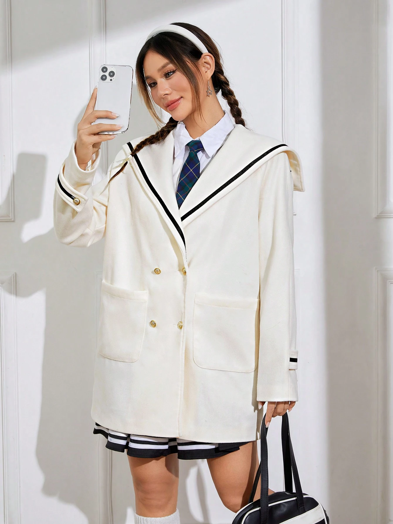 SHEIN EZwear Sailor Collar Double Breasted Dual Pocket Overcoat | SHEIN USA