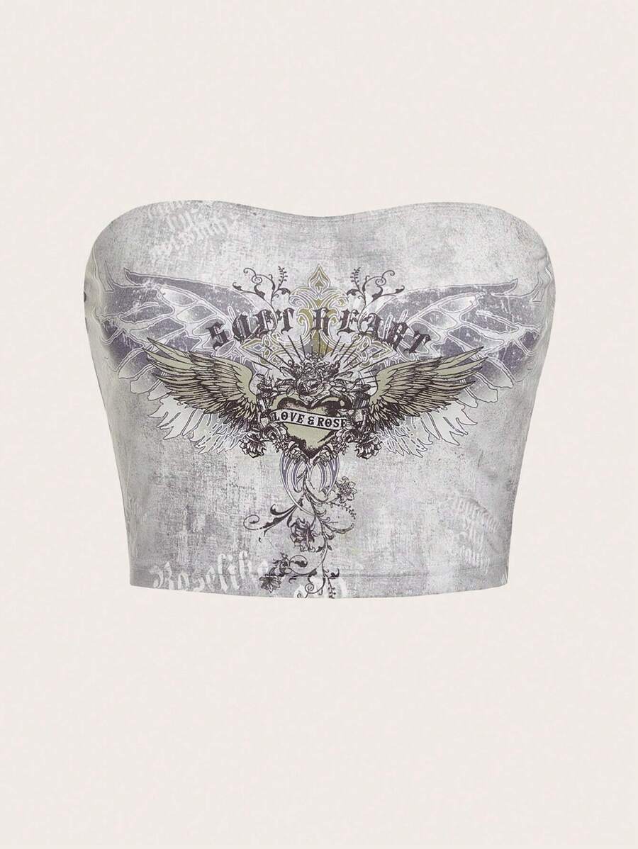 SHEIN EZwear Distressed Short Angel Bandeau Top With Monogram Pattern ...