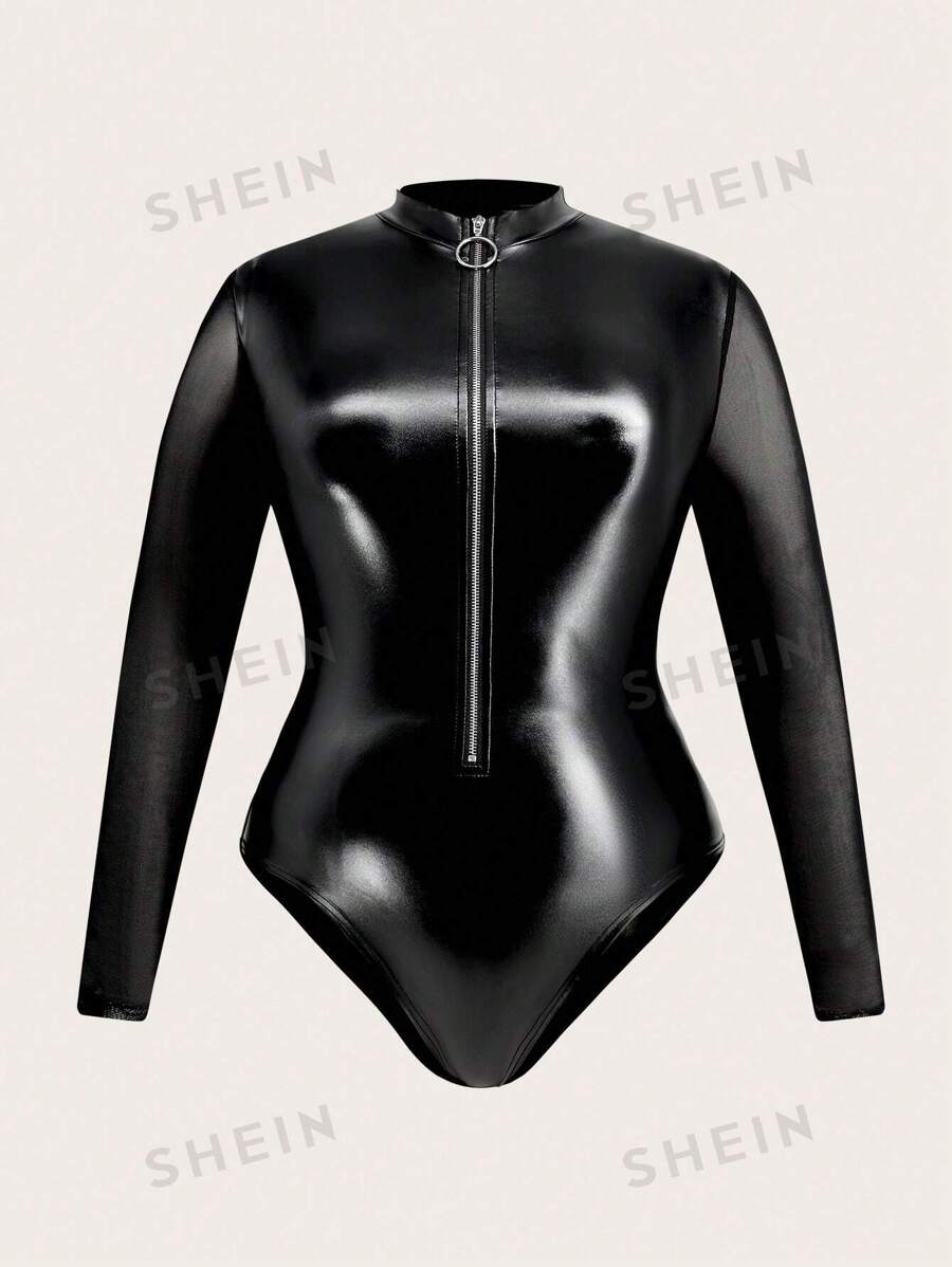 SHEIN Essnce Plus Half Zip PU Leather Bodysuit | SHEIN USA
