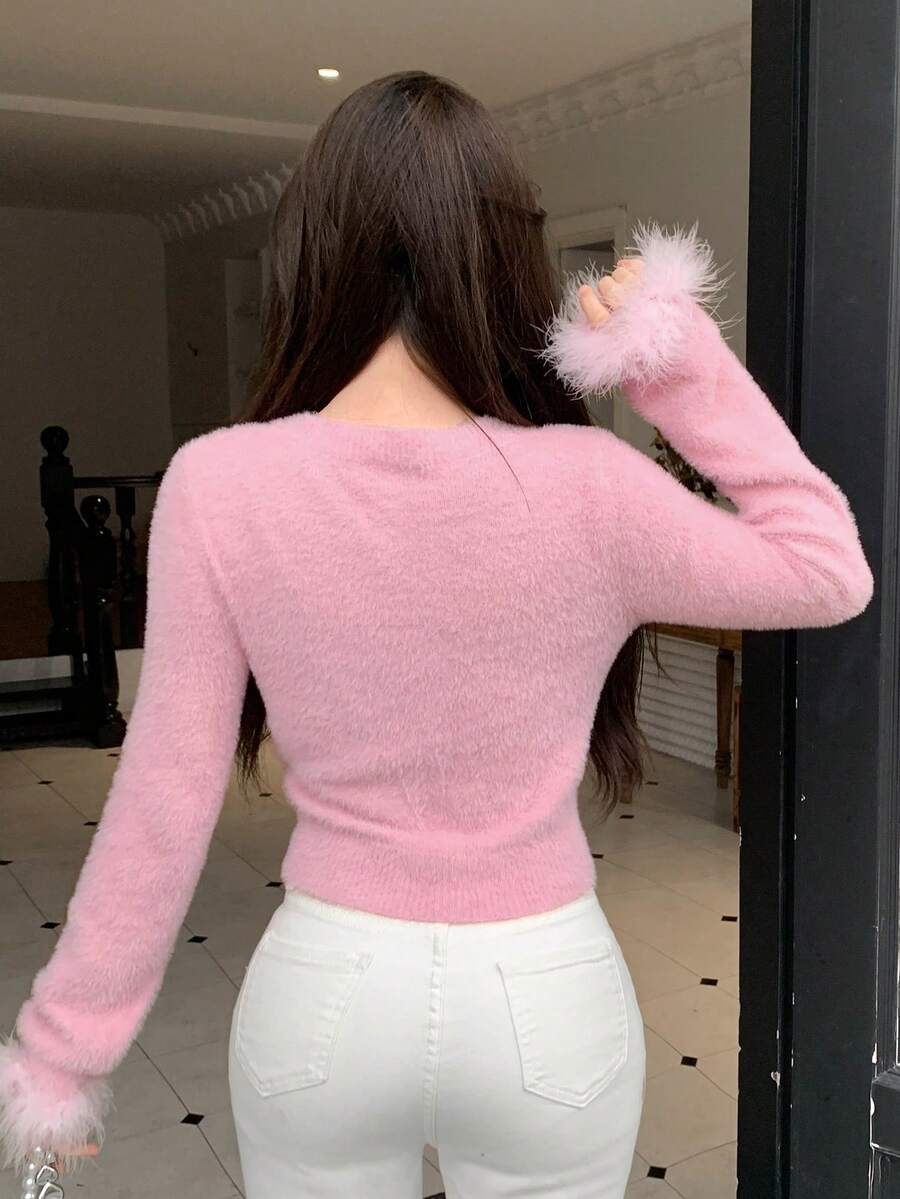 DAZY Solid Button Front Crop Fluffy Cardigan | SHEIN USA