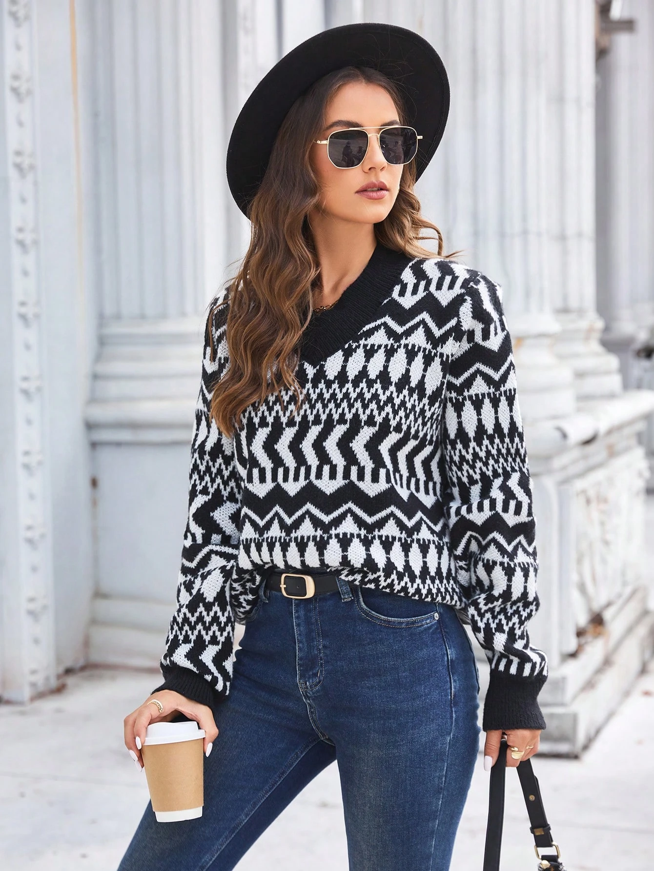 Shein Lune Geo Pattern Drop Shoulder Sweater Shein Usa