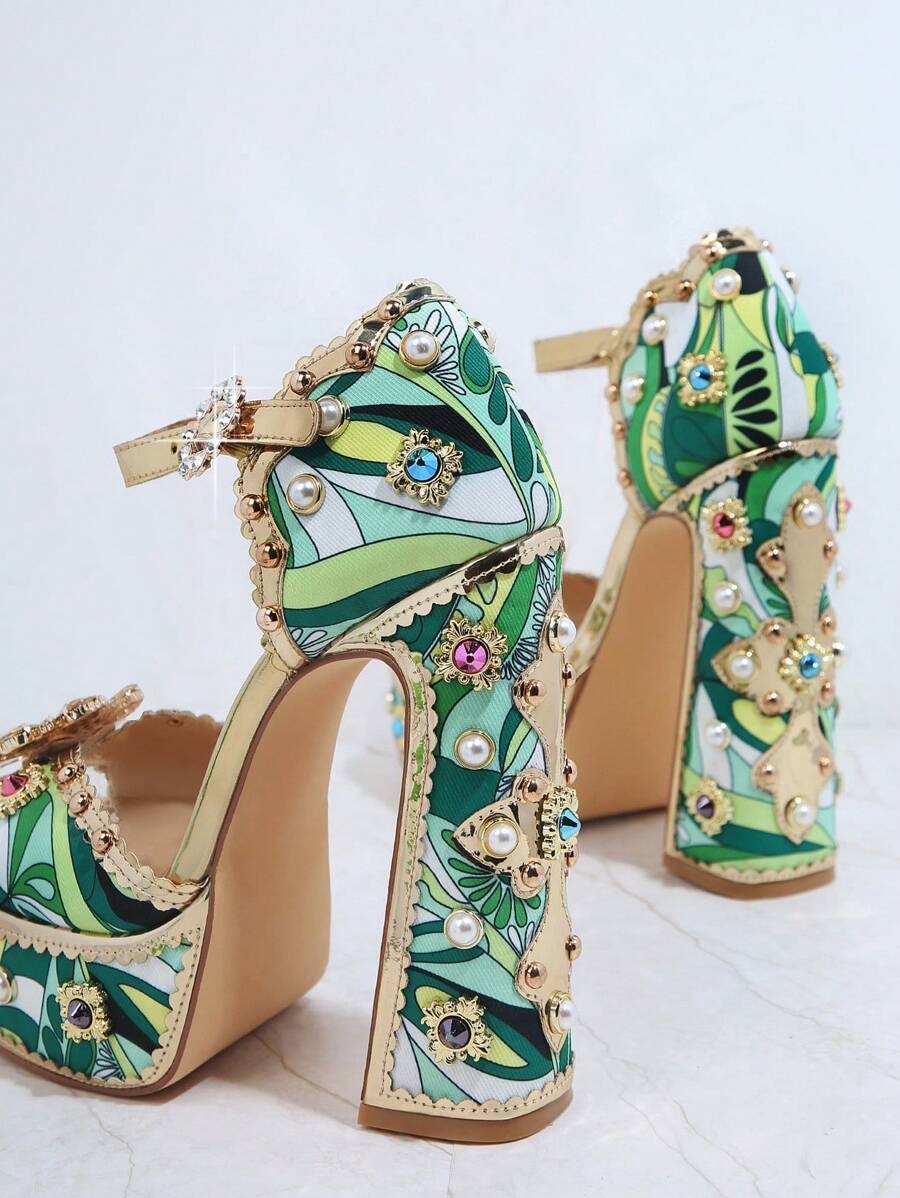 SHEIN SHUZIA Metallic Floral Print Ankle Strap Platform Sandals Summer ...