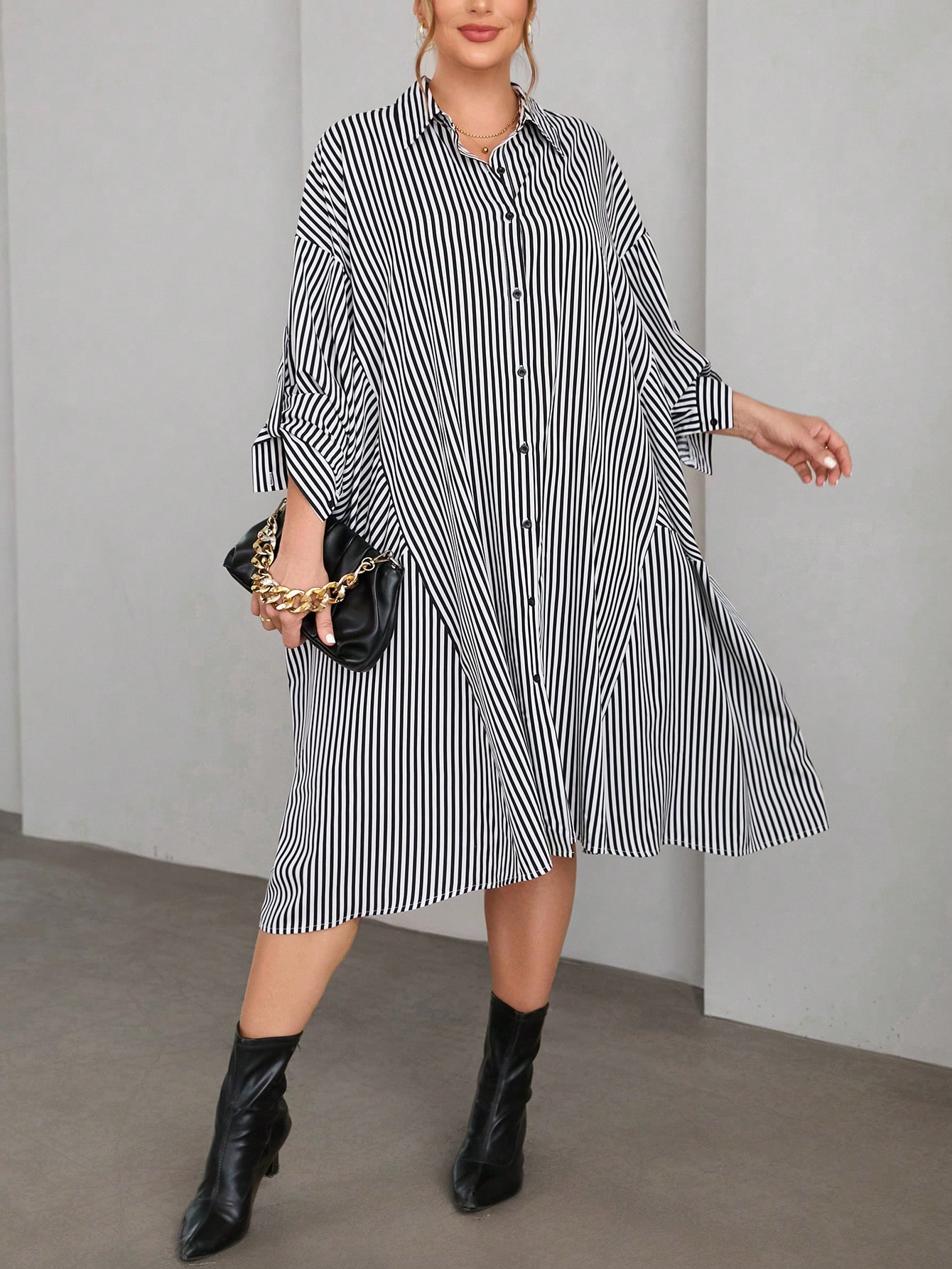Shein Essnce Plus Striped Roll Tab Sleeve Shirt Dress Shein Usa