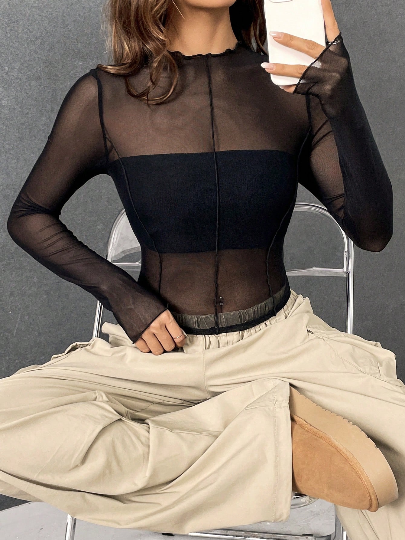 Shein Ezwear Lettuce Trim Sheer Mesh Top Without Tube Top Shein Usa