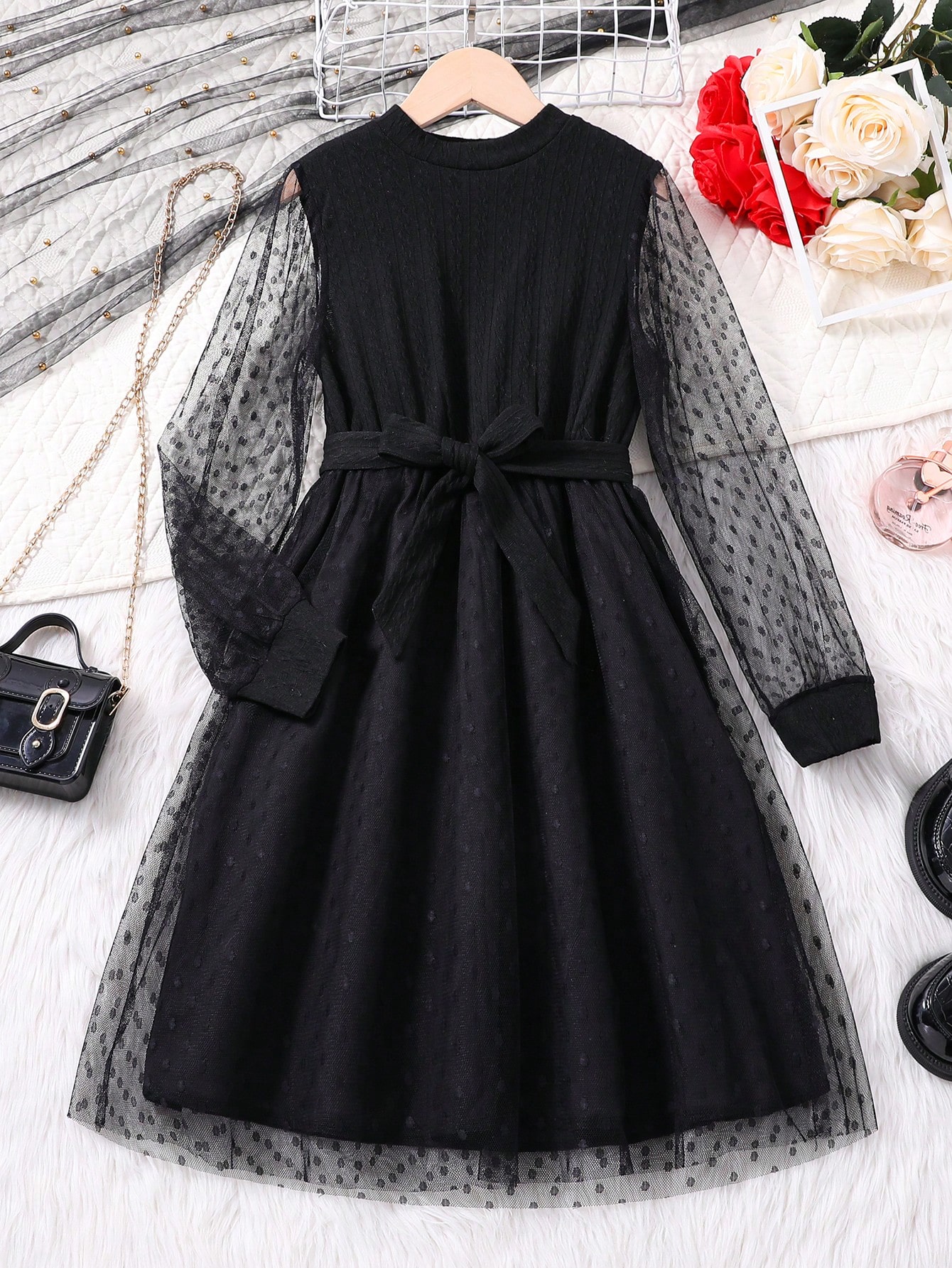 SHEIN Robe en patchwork avec manches en maille pour filles pré ...