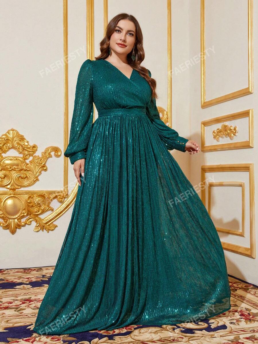 Faeriesty Plus Surplice Neck Lantern Sleeve Sequin Formal Dress, Elegant Long Sleeve Prom ...