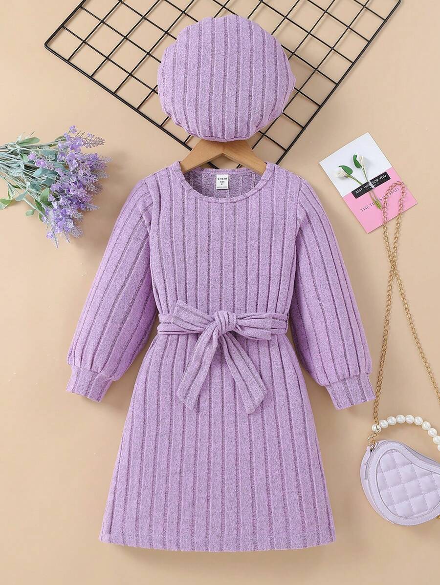 SHEIN Young Girl Solid Belted Dress & Hat | SHEIN USA
