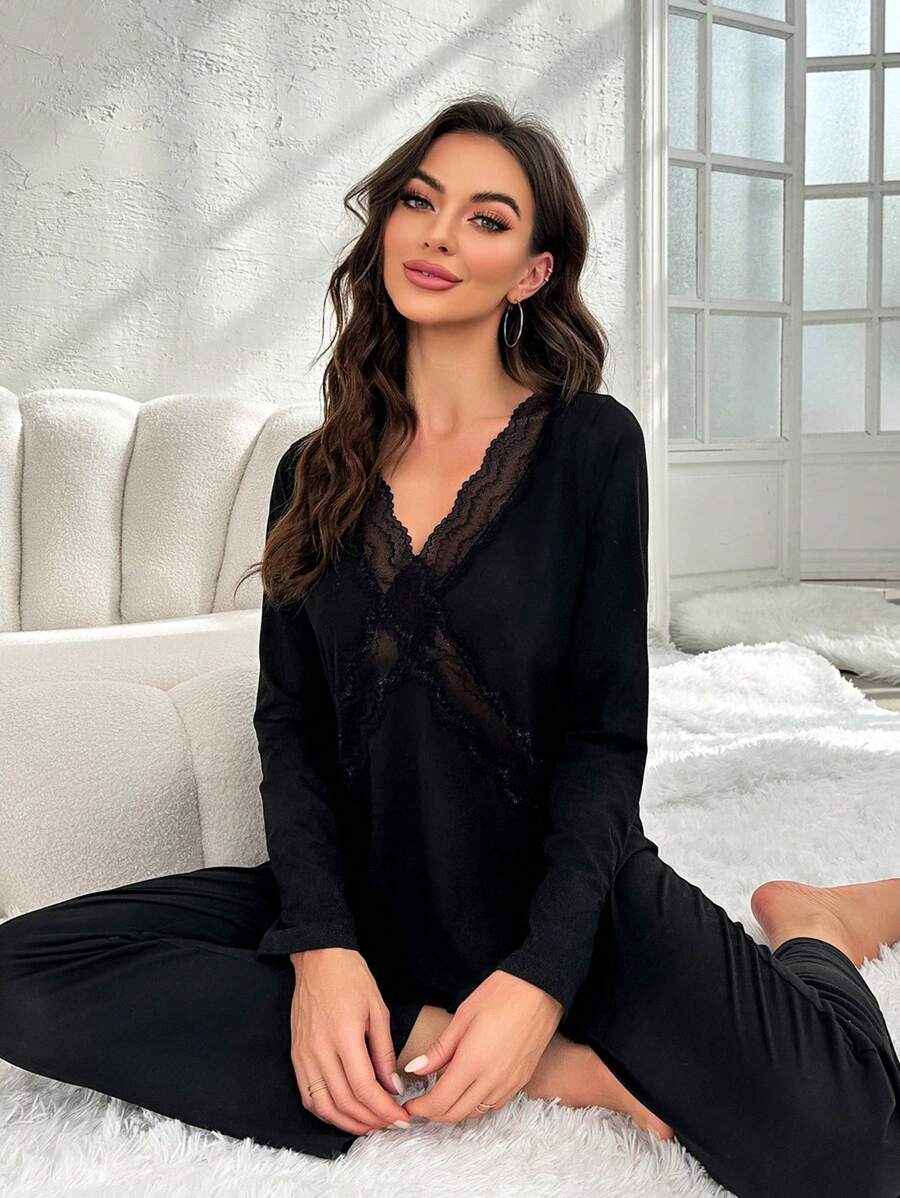 Contrast Lace PJ Set | SHEIN USA