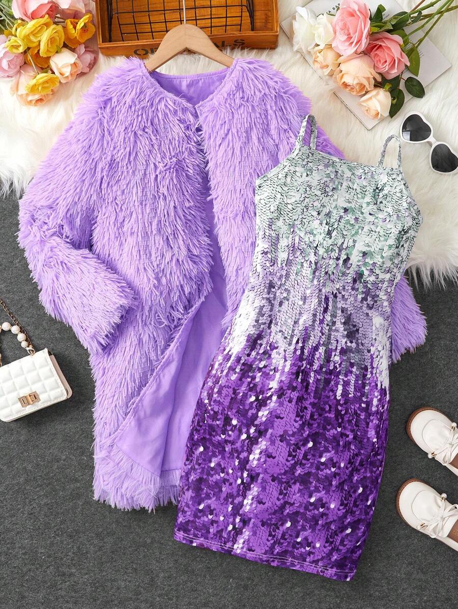 SHEIN Tween Girl 2pcs/Set Plush Coat And Sequin Cami Dress Suit for ...