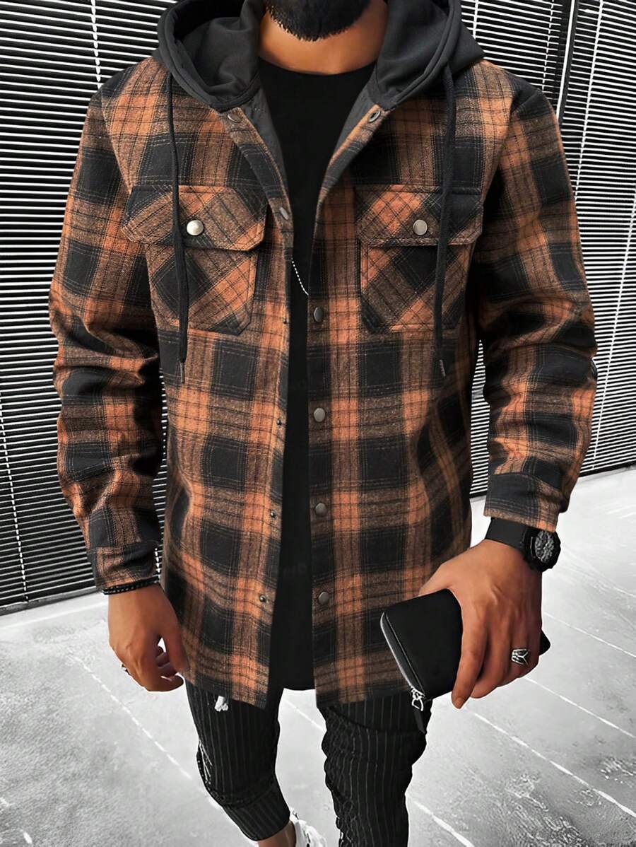 Manfinity Sporsity Loose Fit Men's Plaid Print Hooded Shacket With Flap Pockets And Drawstring ...