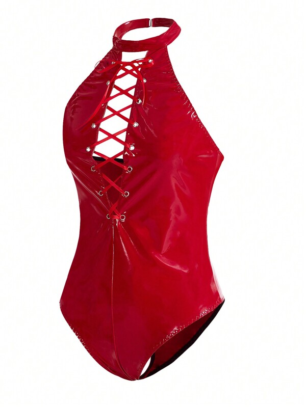 Lace Up Front Backless Patent Teddy Bodysuit | SHEIN USA