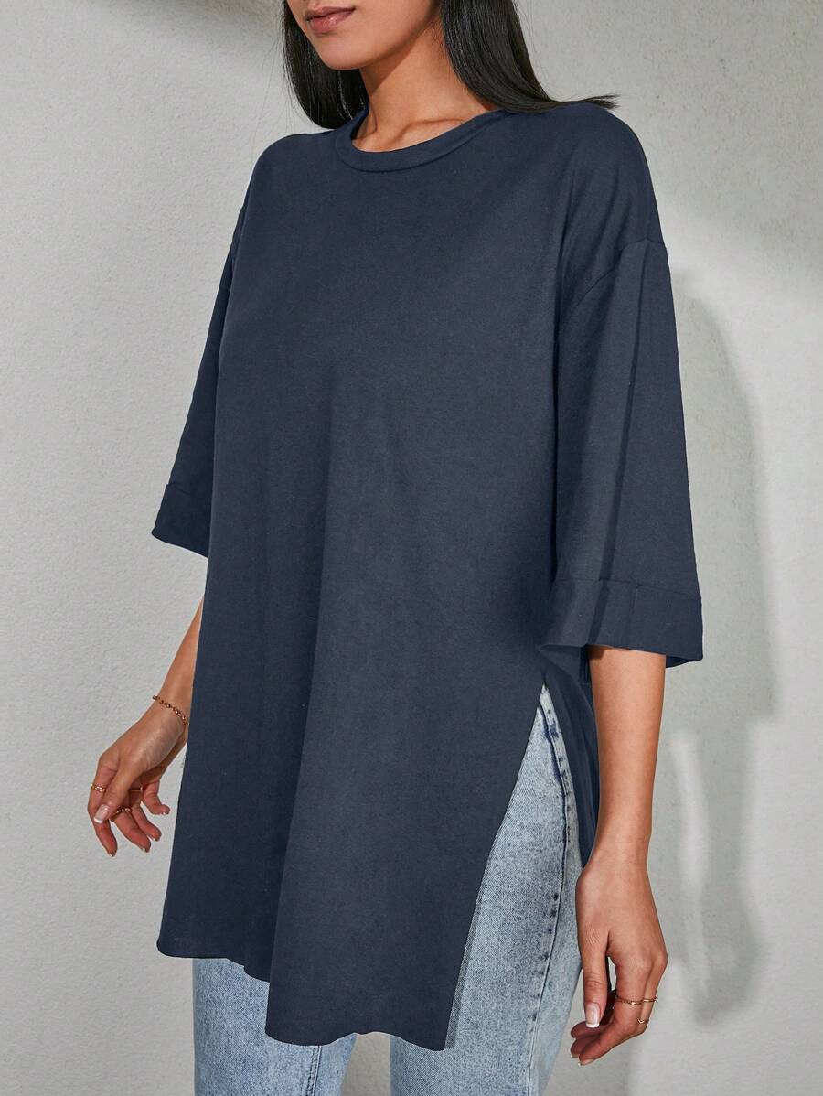 Solid Drop Shoulder Split Hem Tee | SHEIN USA