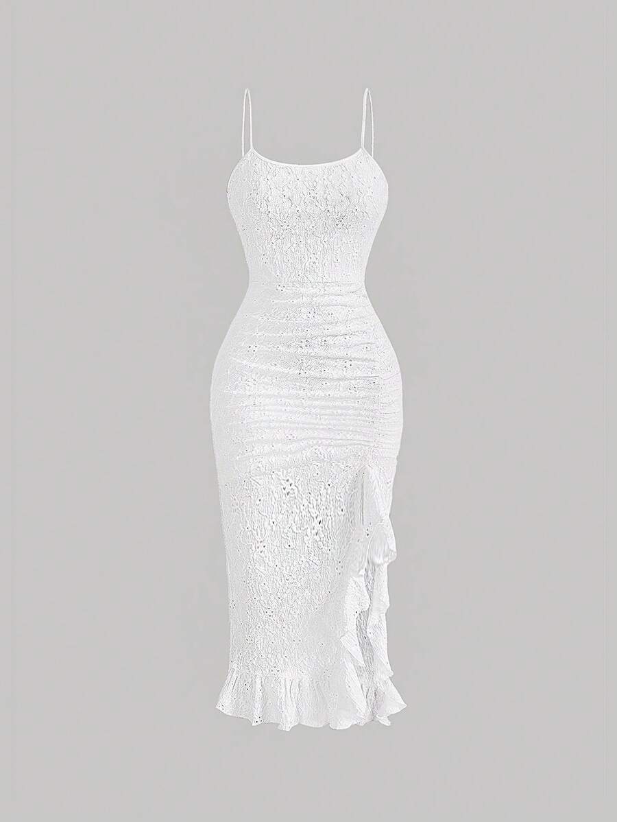 SHEIN MOD Ruched Ruffle Hem Schiffy Cami Dress,Flamenco Dress,White ...