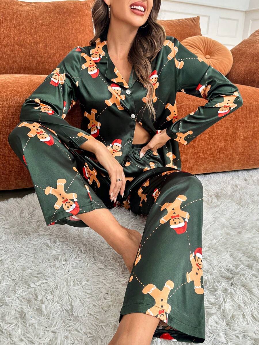 Christmas Gingerbread Man Print Satin PJ Set | SHEIN USA