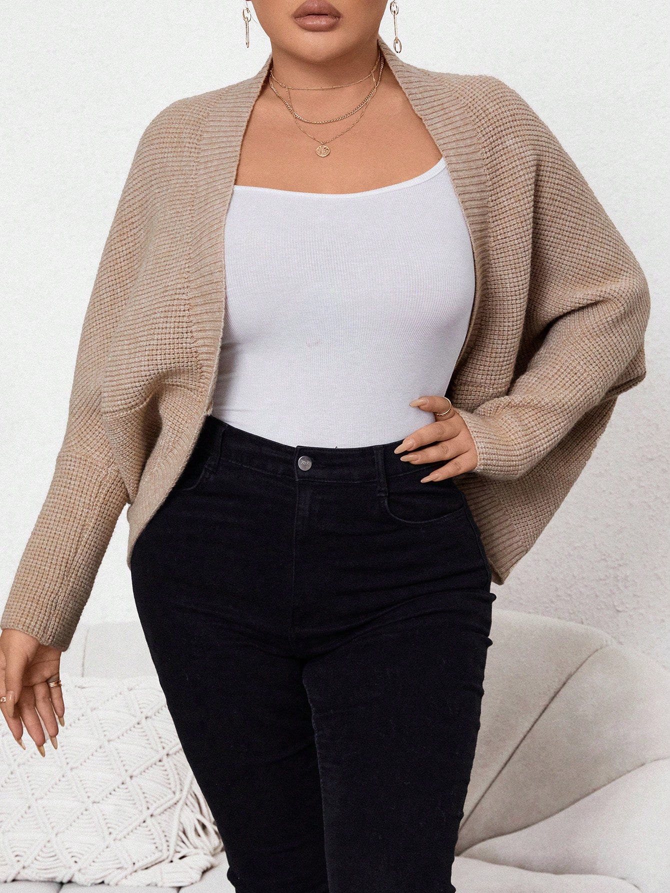 SHEIN Privé Plus Batwing Sleeve Open Front Cardigan | SHEIN USA