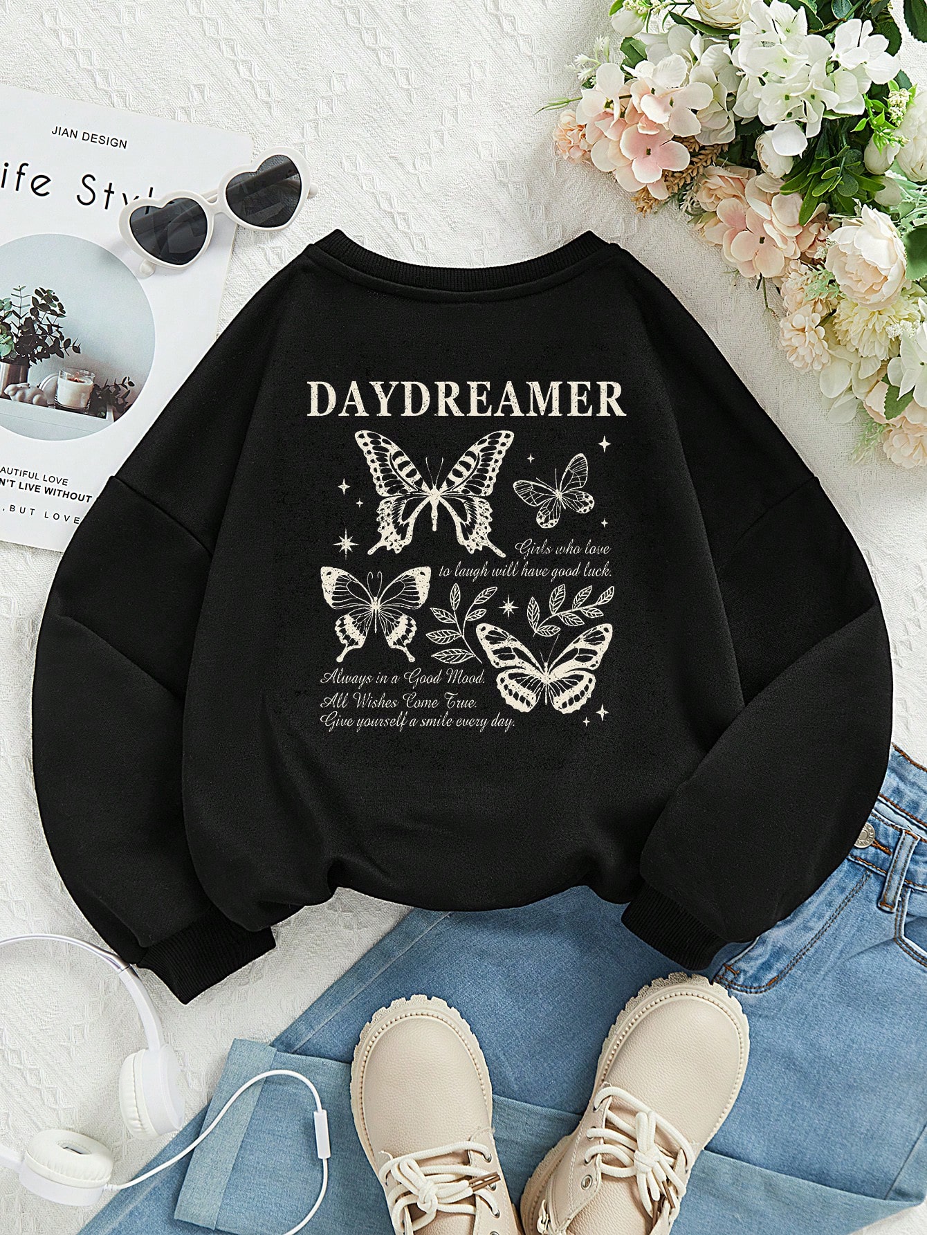 SHEIN Moletom Feminino Estilo Tween Com Estampa Slogan E Borboleta ...