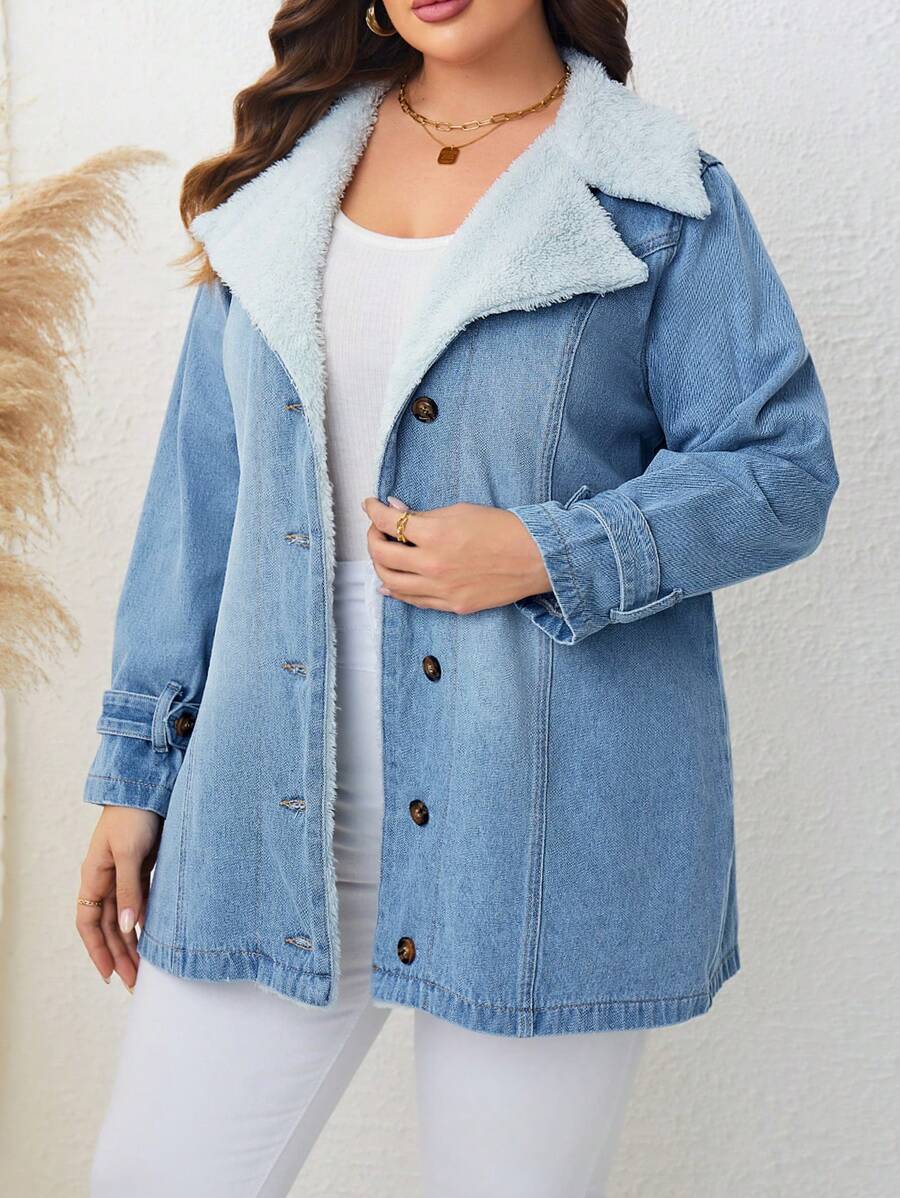 EMERY ROSE Plus Contrast Collar Fuzzy Lined Denim Jacket, For Winter ...