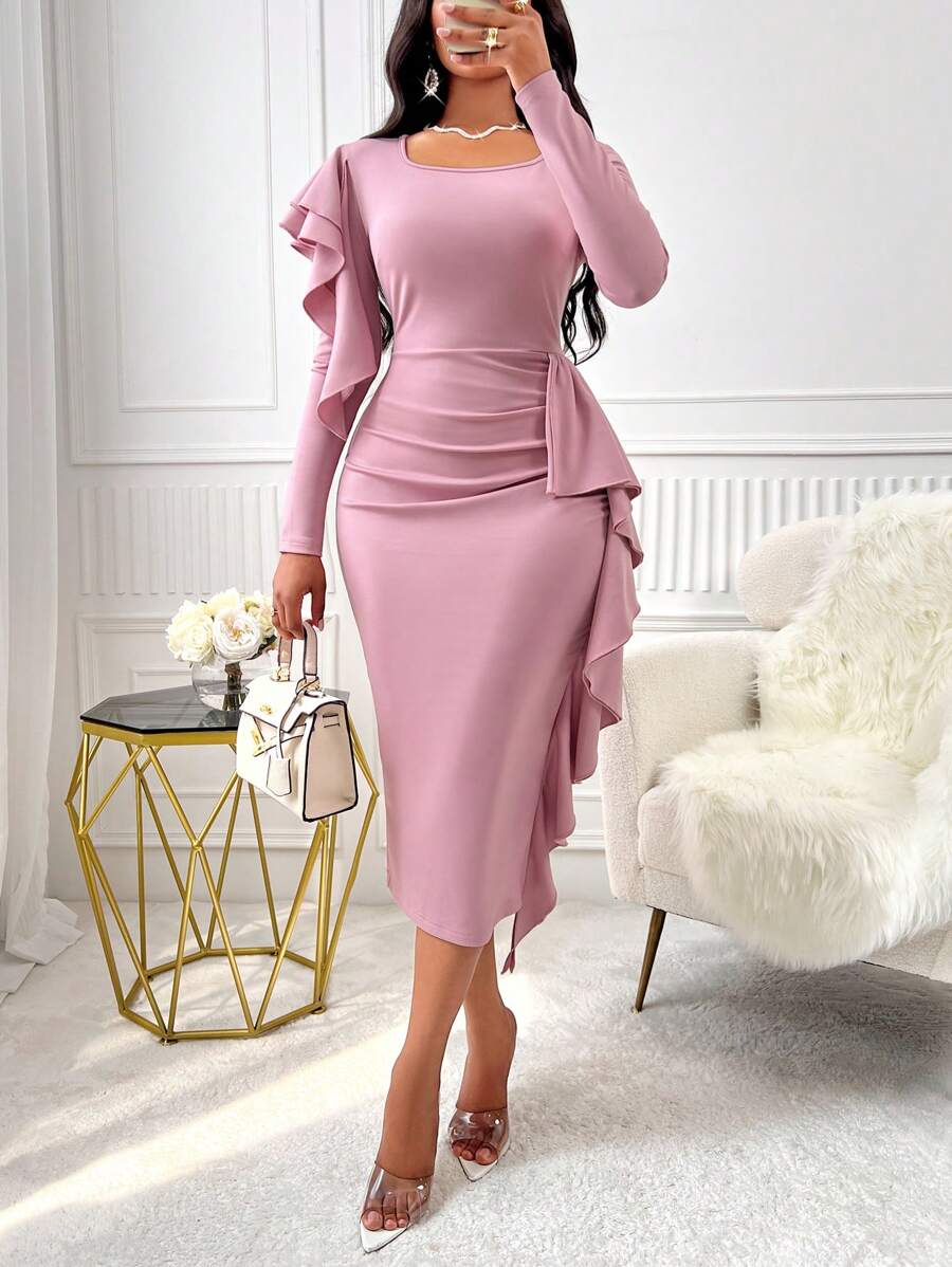 SHEIN Clasi Square Neck Ruffle Trim Ruffle Trim Ruched Bodycon Dress Maxi Women Outfit Fall ...