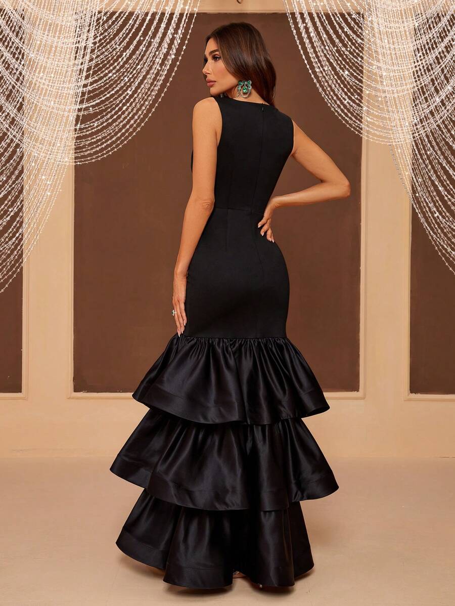 SHEIN Belle Ladies' Evening Dress With Tiered Hem And Patchwork Fabric ...