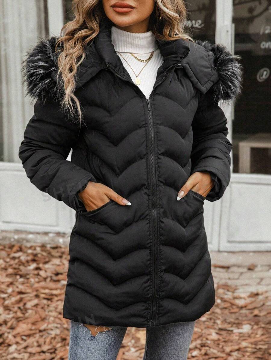 SHEIN Essnce Fuzzy Trim Hooded Zipper Padded Coat | SHEIN UK
