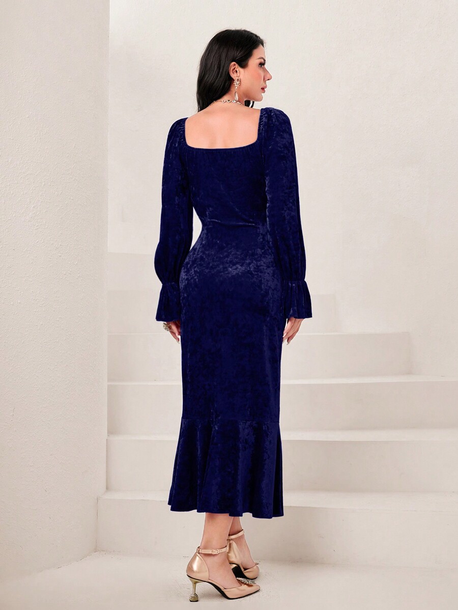 SHEIN Modely Women's Square Neckline Lace Sleeve Fish Tail Hem Dress ...