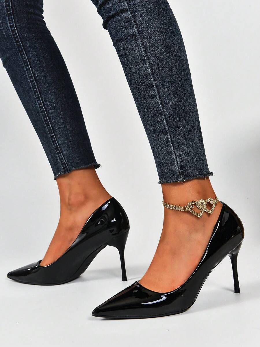 Ladies' Low Vamp Pointed Toe Black Patent Leather Stiletto Heels ...