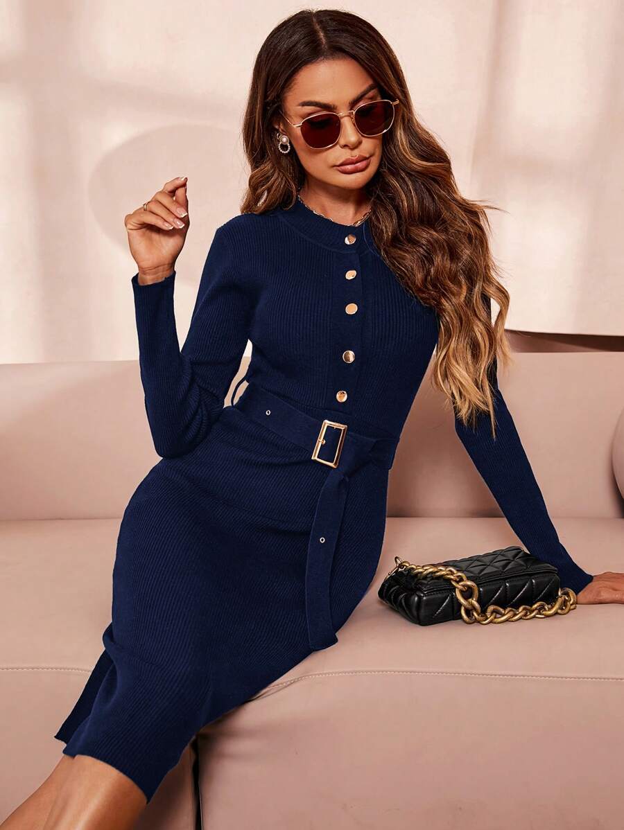 SHEIN Clasi Button Front Belted Bodycon Sweater Dress | SHEIN USA