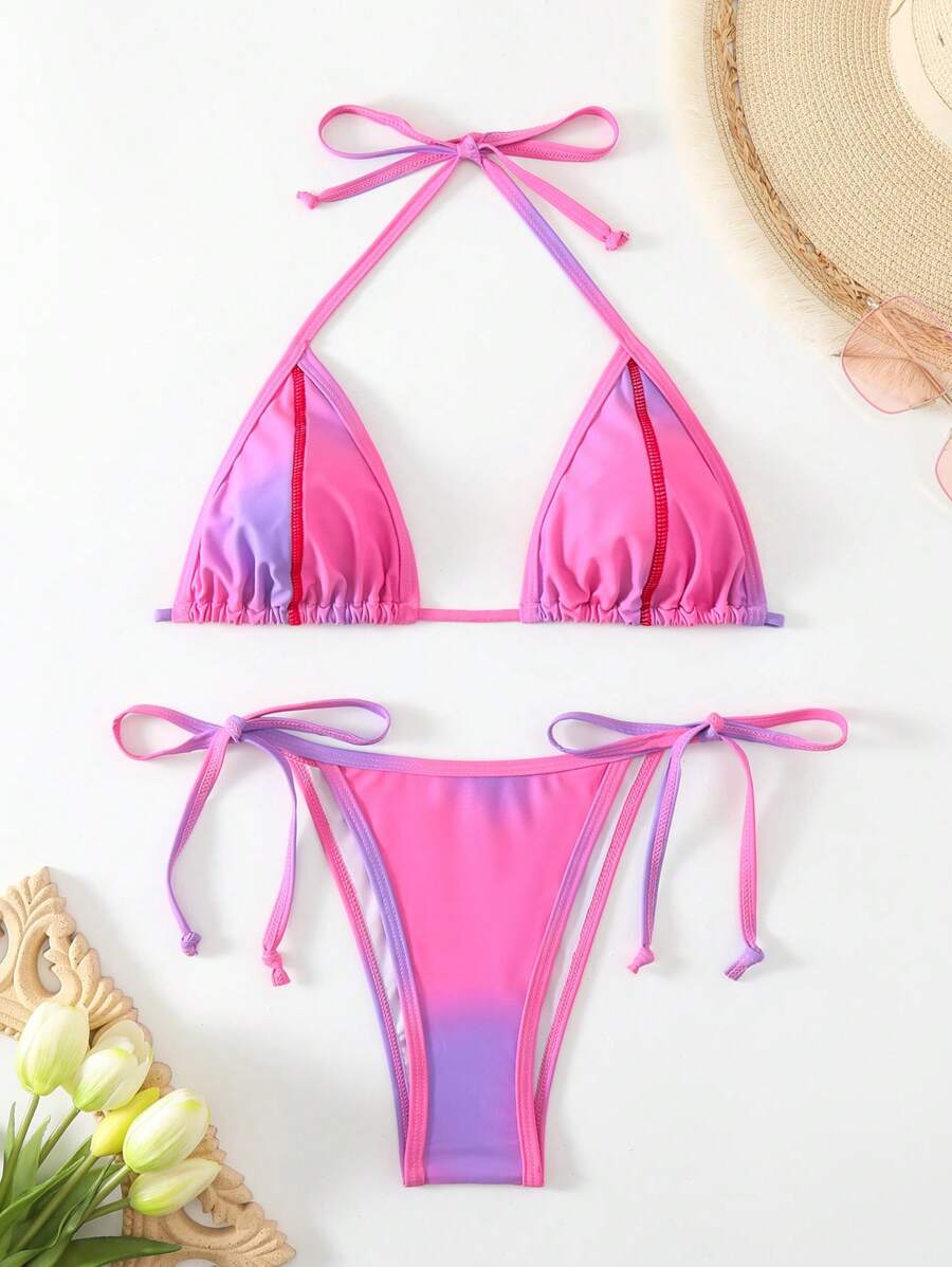 SHEIN Swim Summer Beach Gradient Color Triangle Bikini Set With Knot ...