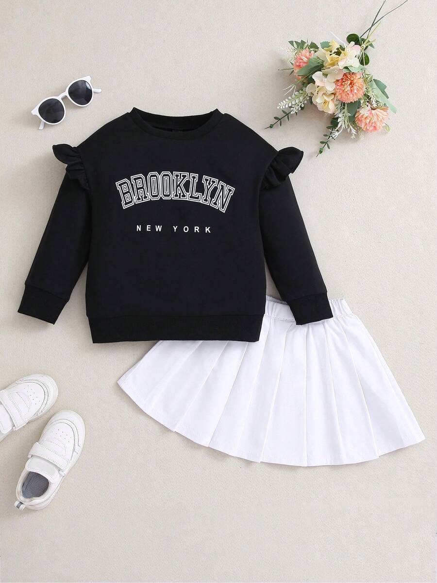 SHEIN Conjunto De 2 Peças: Blusa Moletom Preta Com Babados Com Estilo ...