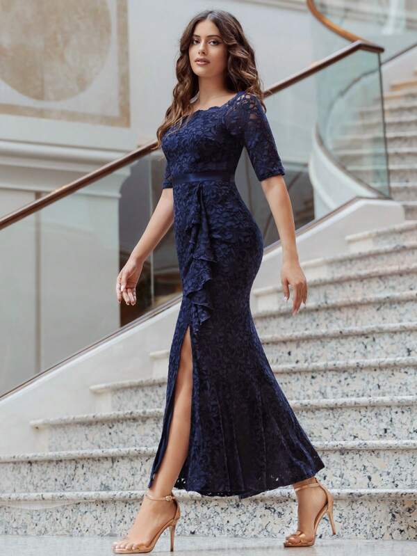 Full Lace Boat Neck Ruffle Trim Split Thigh Evening Party Maxi Dress