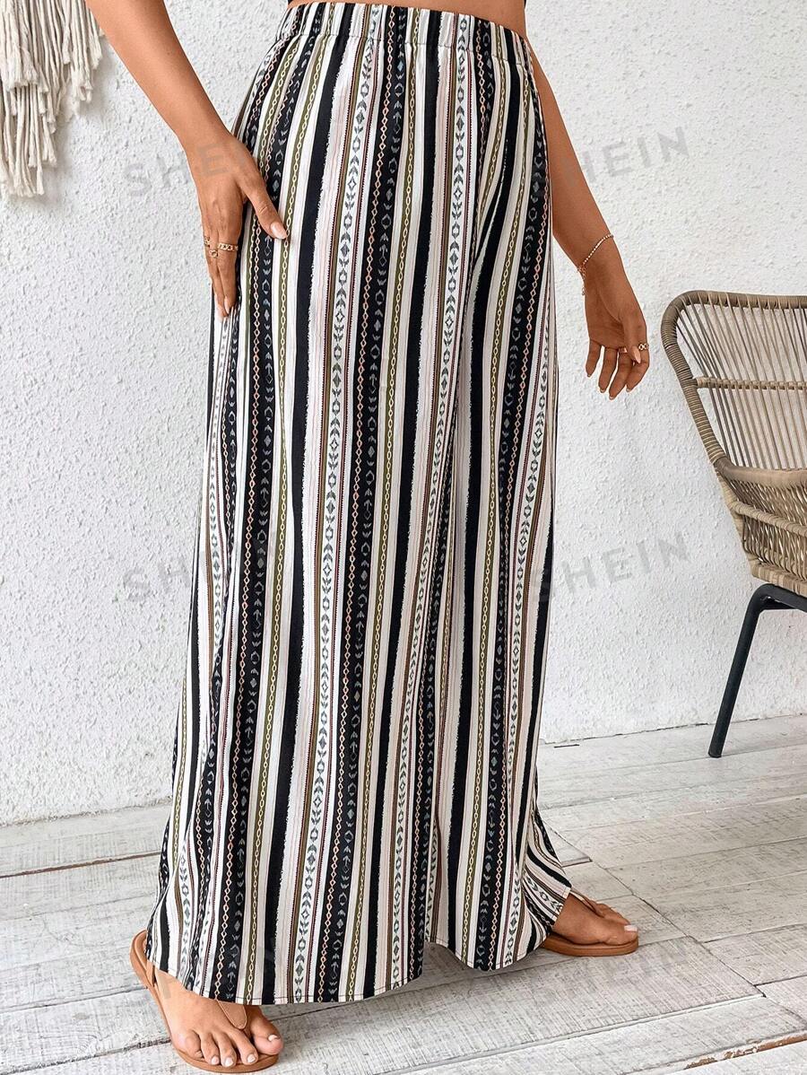 Shein Vcay Plus Striped And Geo Print Wide Leg Pants Shein Usa