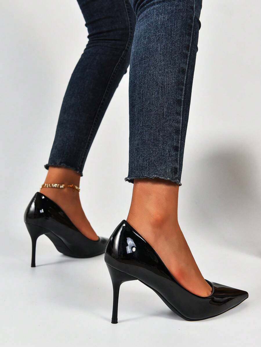 Ladies' Low Vamp Pointed Toe Black Patent Leather Stiletto Heels ...