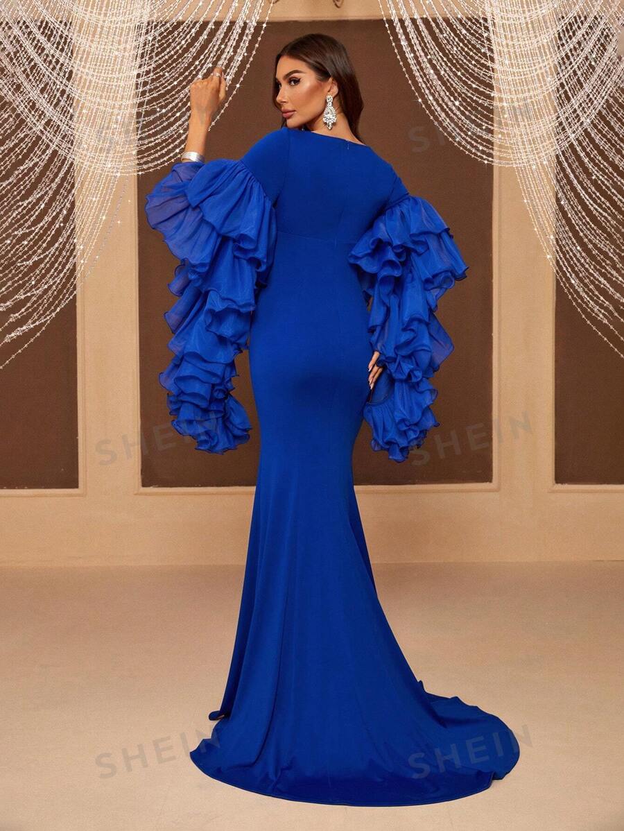 SHEIN Belle Women's Exaggerated Tiered Ruffle Sleeves Slim Fit Fishtail ...