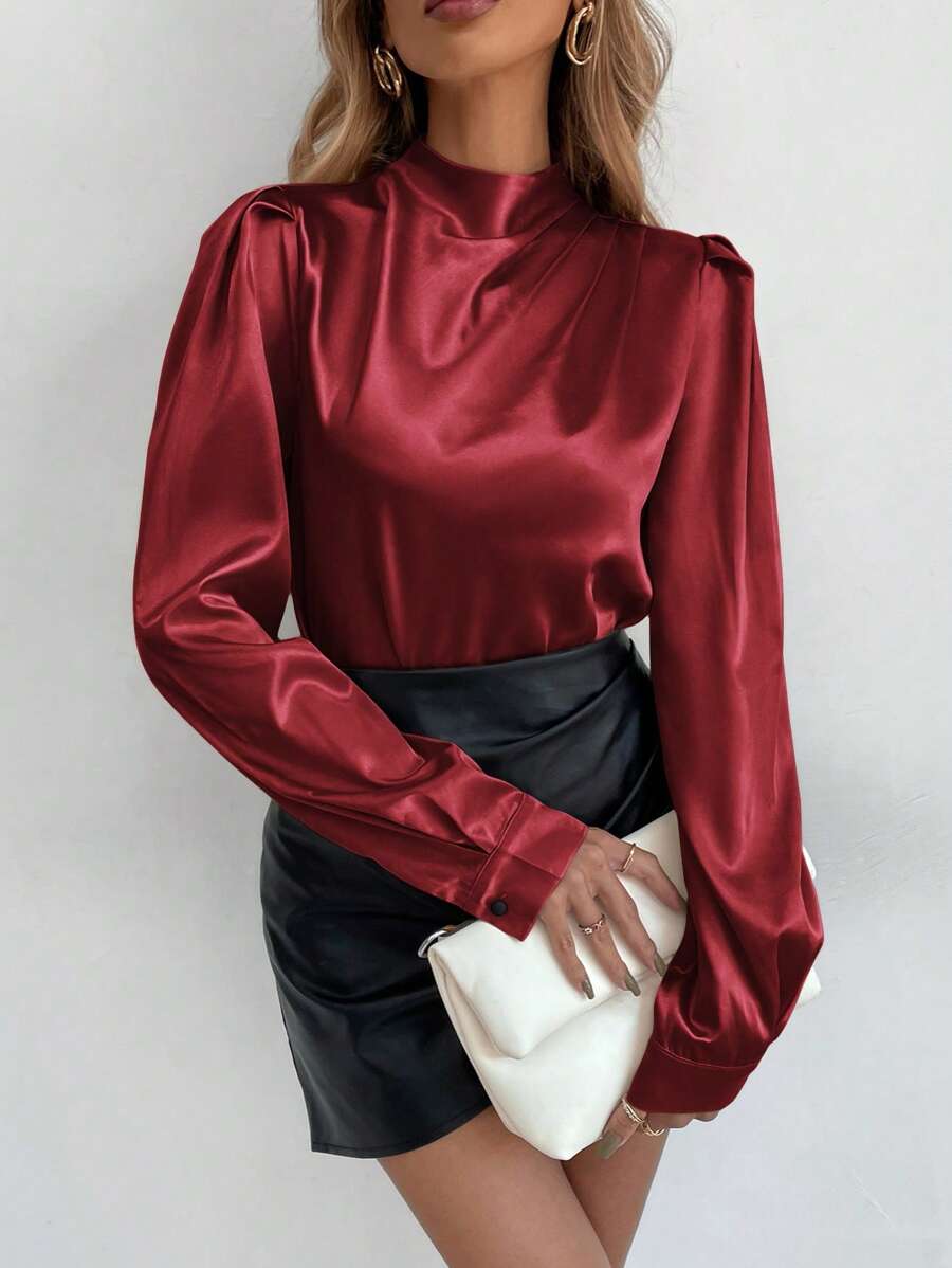 EMERY ROSE Mock Neck Puff Sleeve Satin Blouse | SHEIN USA