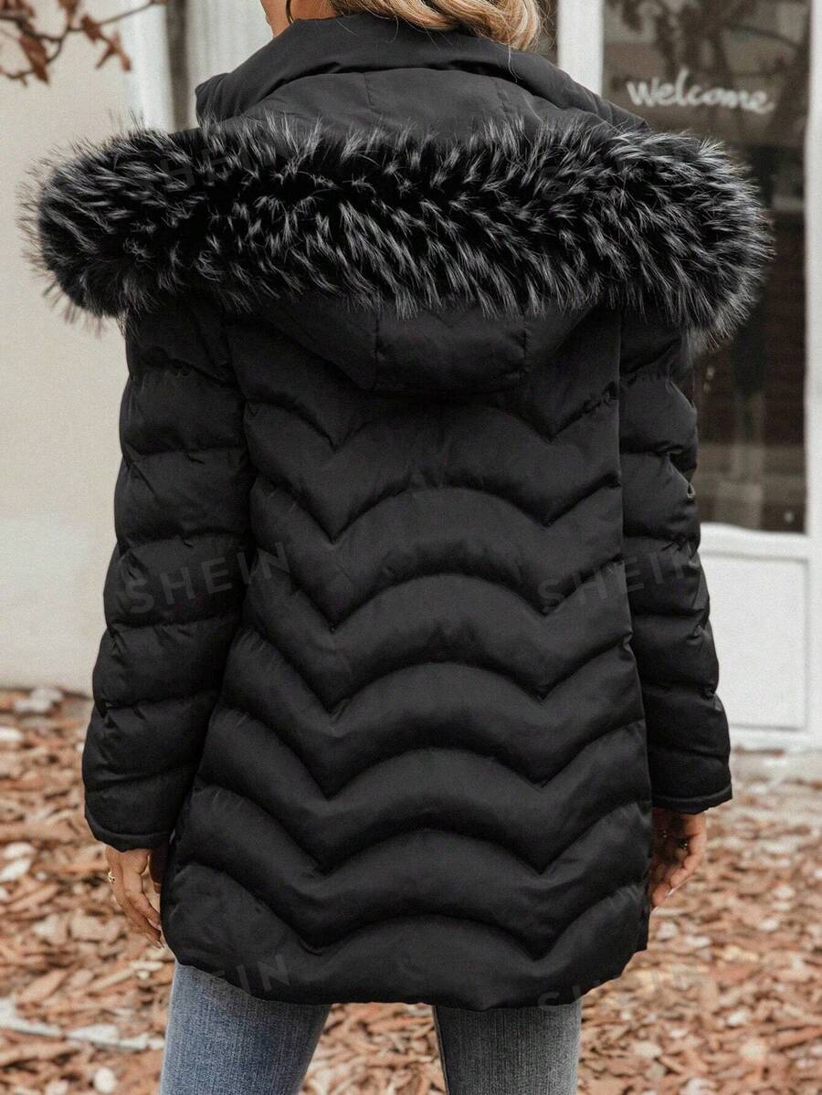 SHEIN Essnce Fuzzy Trim Hooded Zipper Padded Coat | SHEIN UK