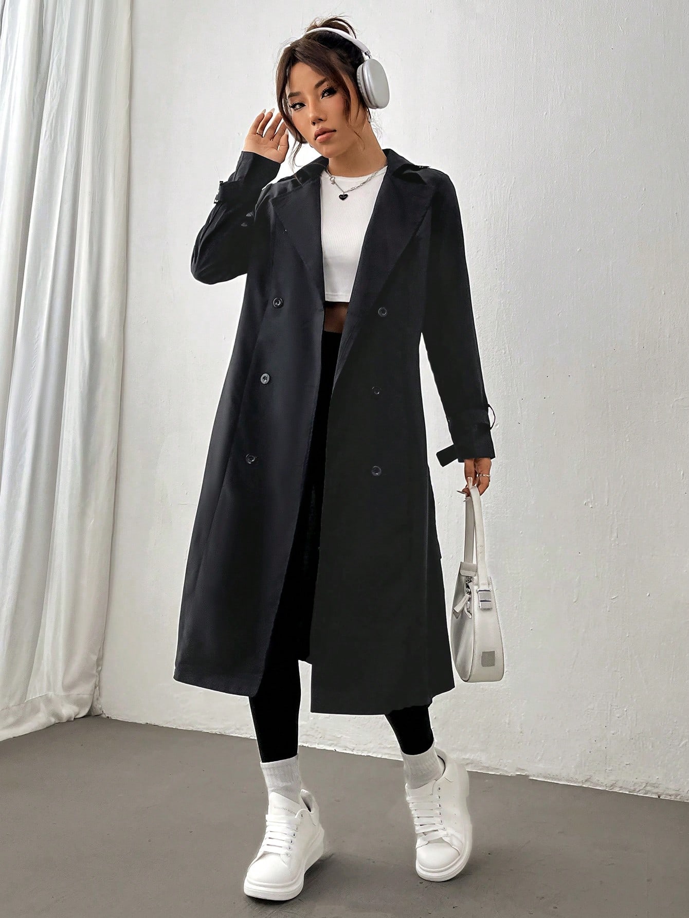 Casaco Trench Double Breasted Com Colarinho De Lapela | SHEIN PT