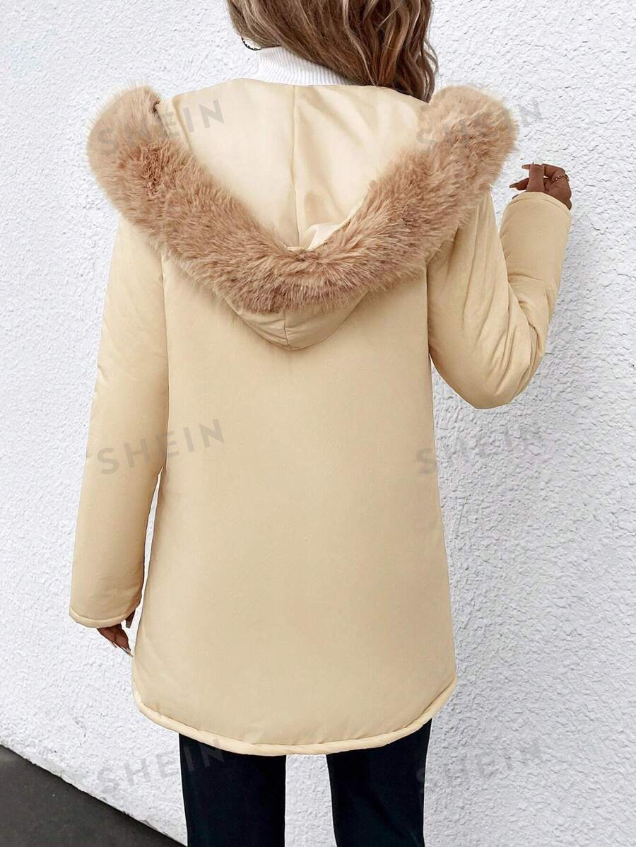 SHEIN LUNE Fuzzy Trim Hooded Padded Coat | SHEIN UK
