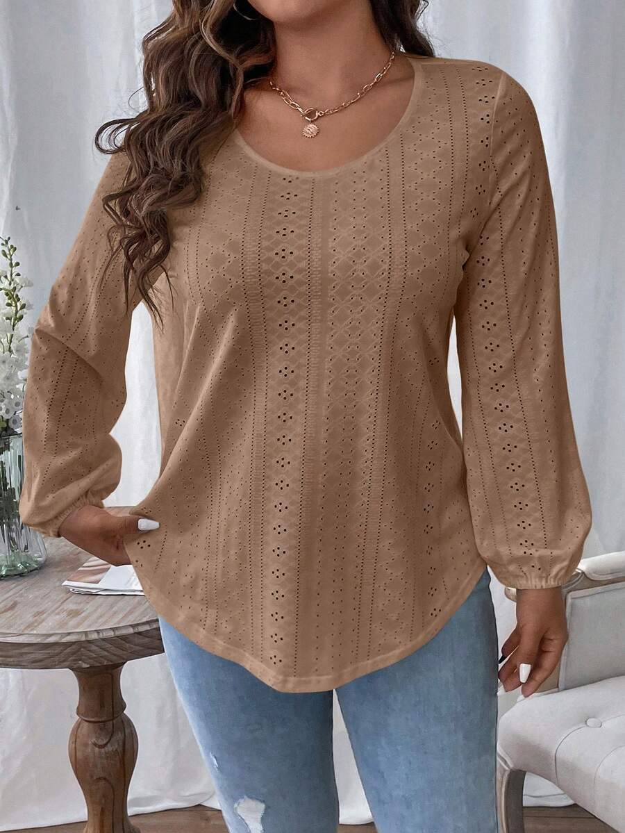 Calvaya Taglie Forti Maglietta ricamo ad occhielli manica a lanterna ...