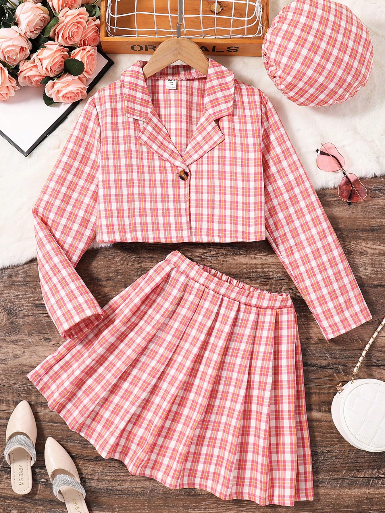 SHEIN Kids FANZEY Tween Girls' Plaid Notch Collar Jacket And Pleated Mini Skirt Set | SHEIN UK