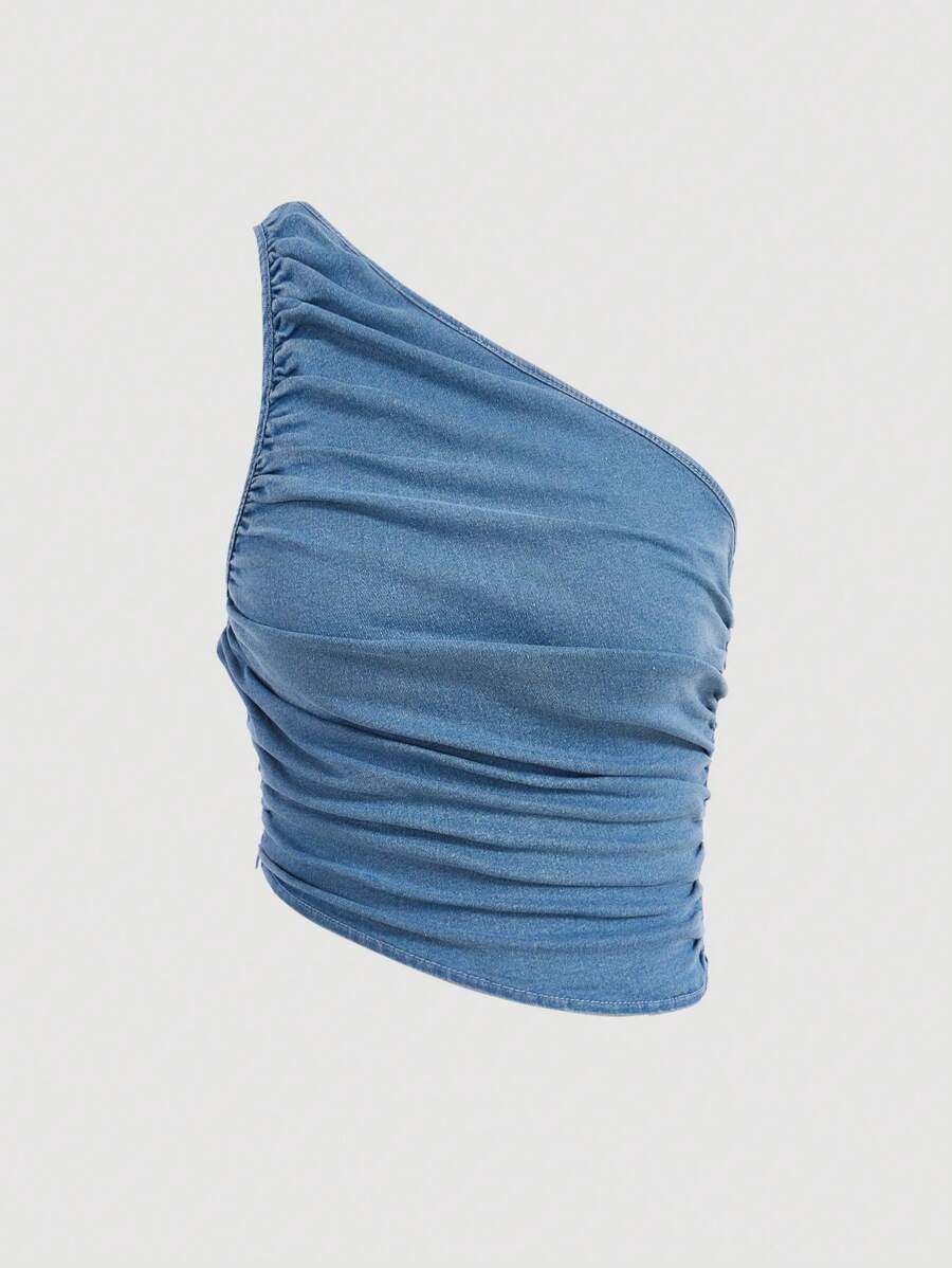SHEIN MOD Women's One Shoulder Pleated Denim Top | SHEIN USA